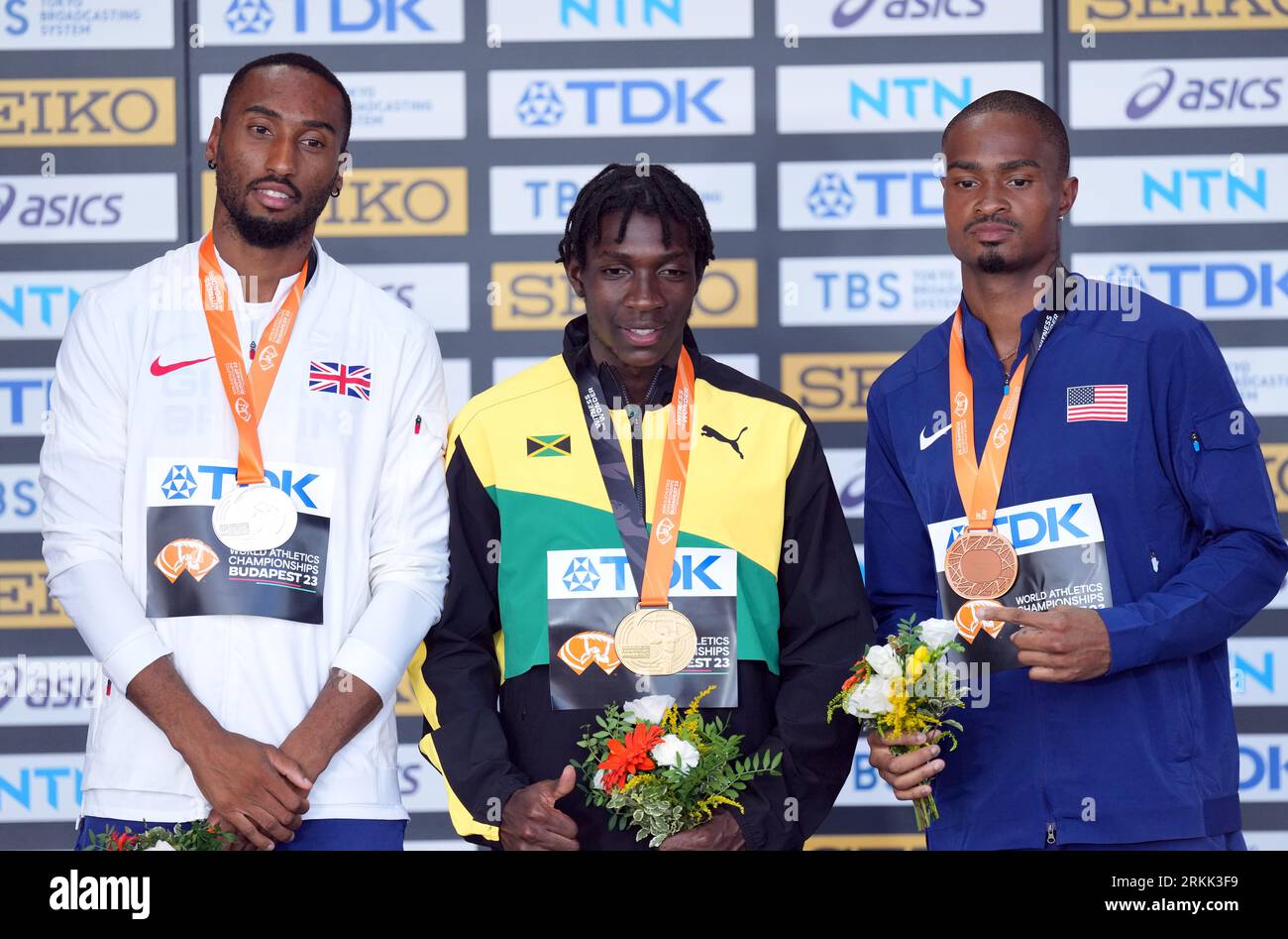 Great Britain's Matthew Hudson-Smith (silver), Jamaica’s Antonio Watson (gold) and USA’s Quincy ...