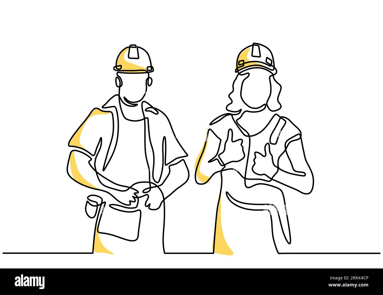 One continuous line drawing of young man and woman wearing hard hat ...