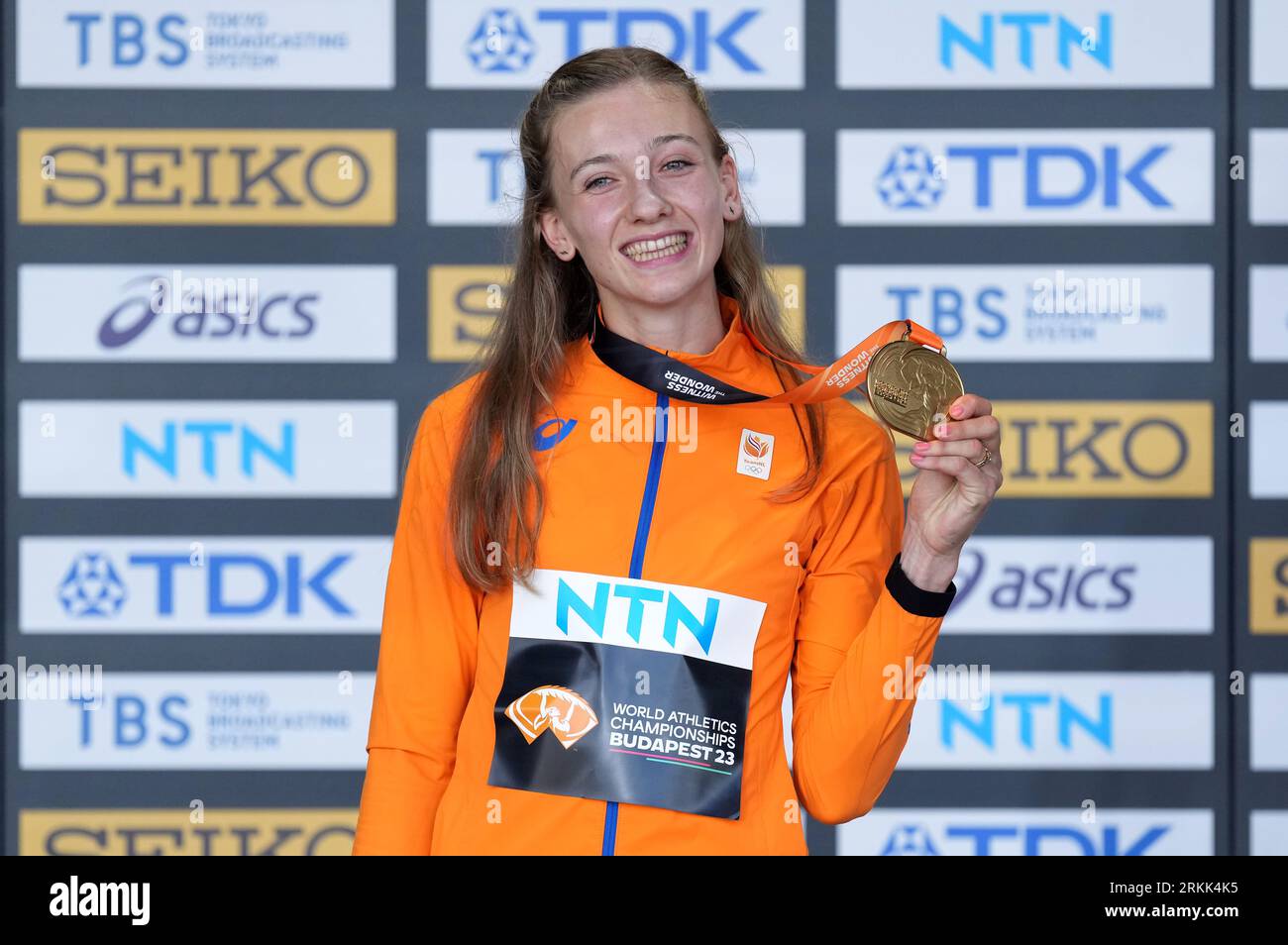 Netherland’s Femke Bol with her gold medal during the medal ceremony ...
