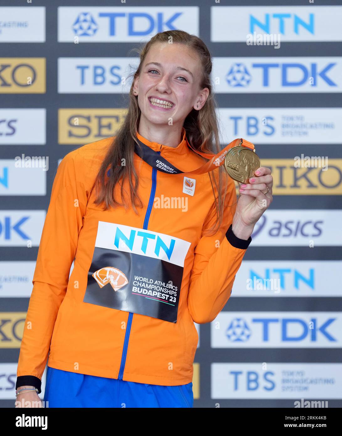 Netherland’s Femke Bol with her gold medal during the medal ceremony ...