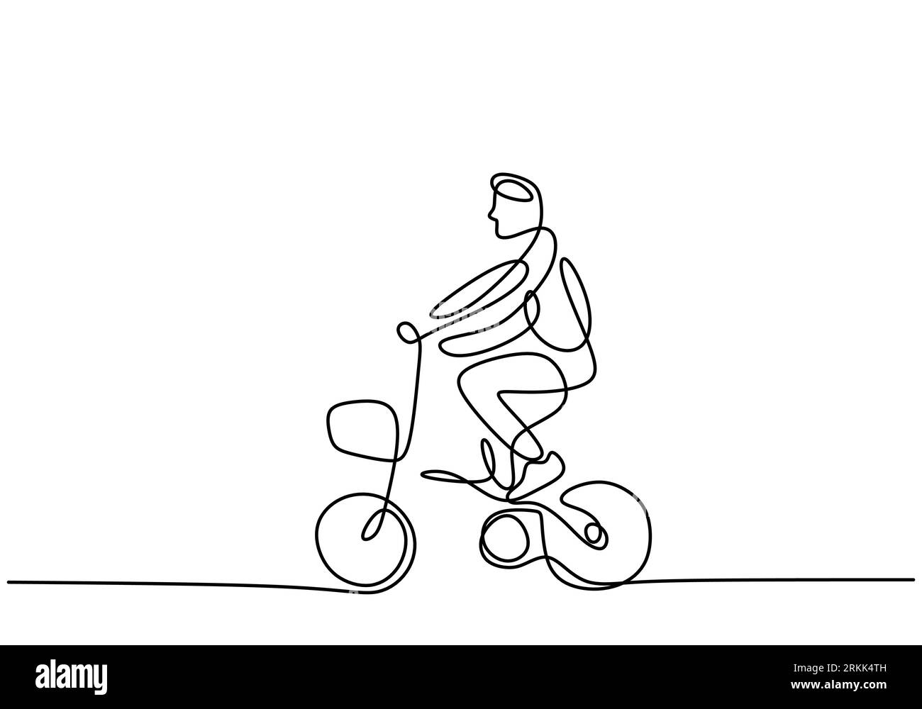 One continuous line drawing of young energetic man cycling ride folding ...
