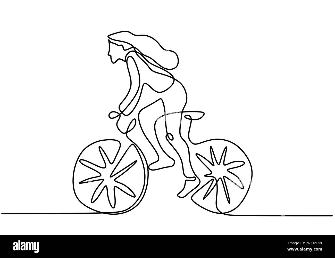 Continuous single line drawing of young girl bicycle racer focus train ...