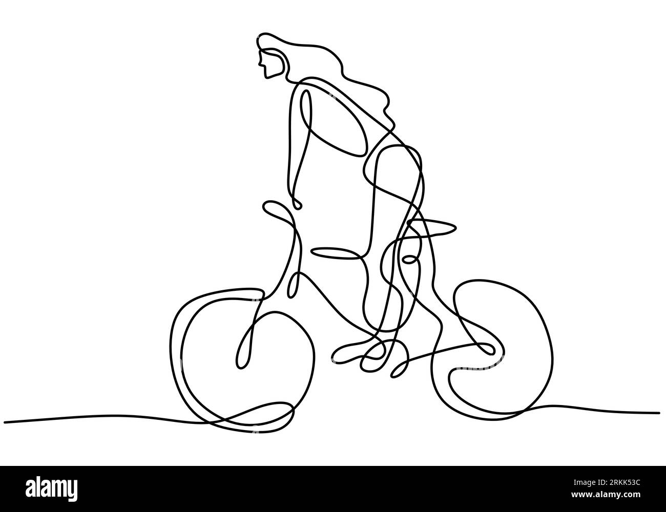 One continuous line drawing of young sporty woman riding bicycle and performs a trick on bicycle ...