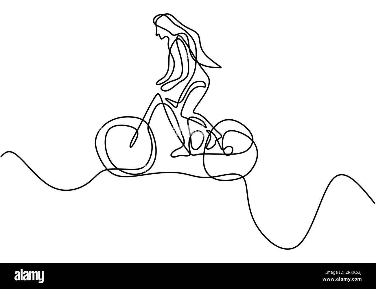 One continuous line drawing of young sporty woman riding bicycle and ...