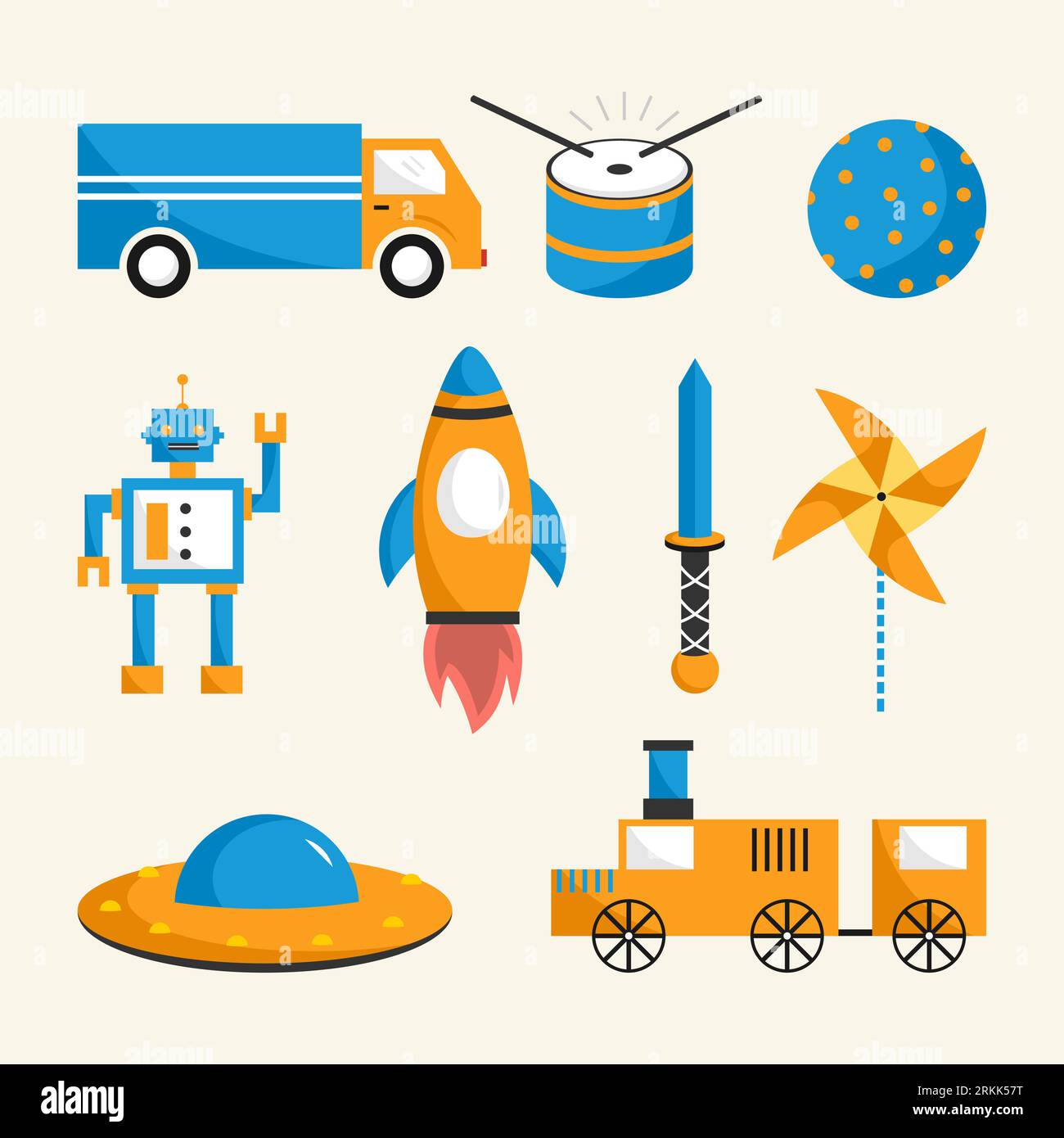 Decorative children toys set of train, robot, truck, rocket, ball, drum ...