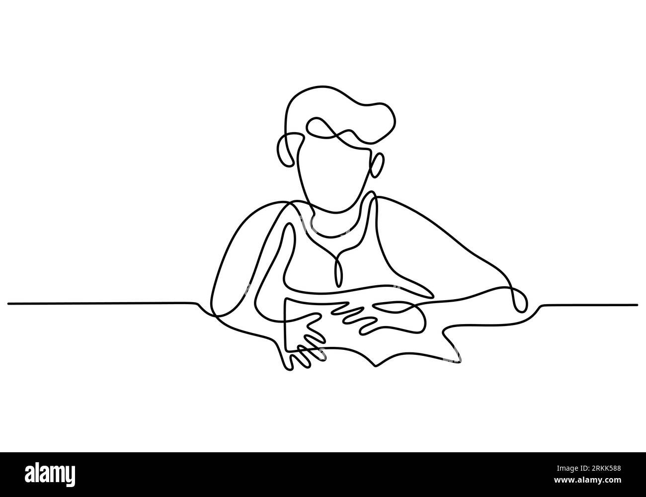 Continuous line drawing of a boy reading a book. Young teenager boy sit ...