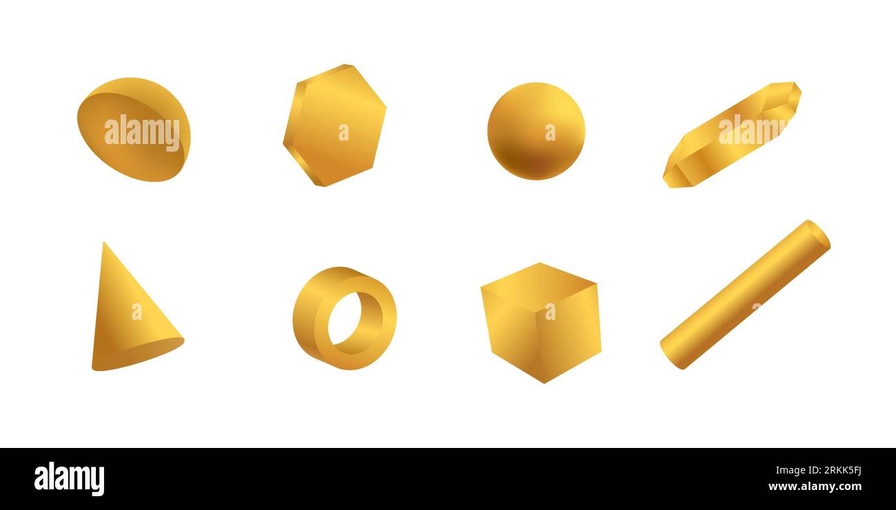 Golden geometric 3d shapes set. Cylinders with hexagon and triangle ...