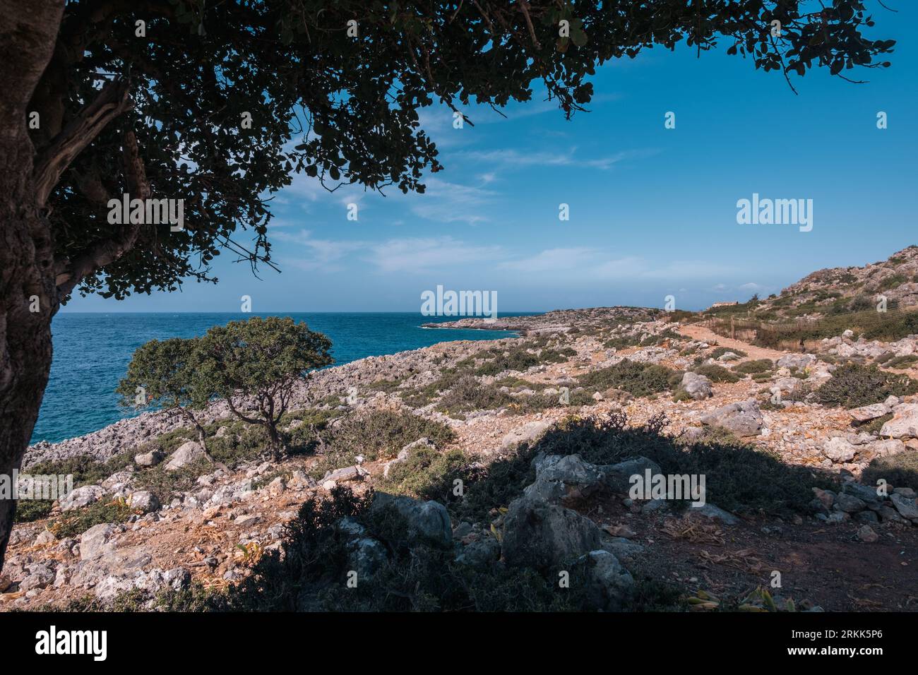 View of rocky southern Crete coastline along the E4 walking trail near ...