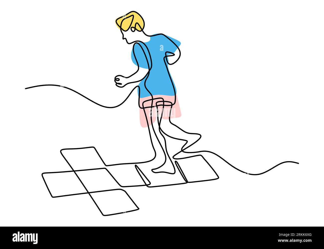 Continuous single line drawing of a boy playing engklek or Zondag ...