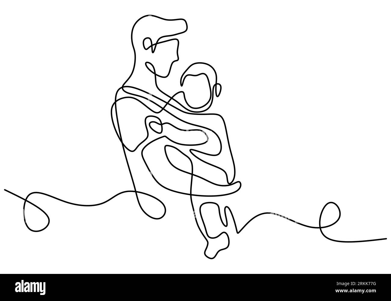 One continuous line drawing of young dad carrying his child. Happy ...