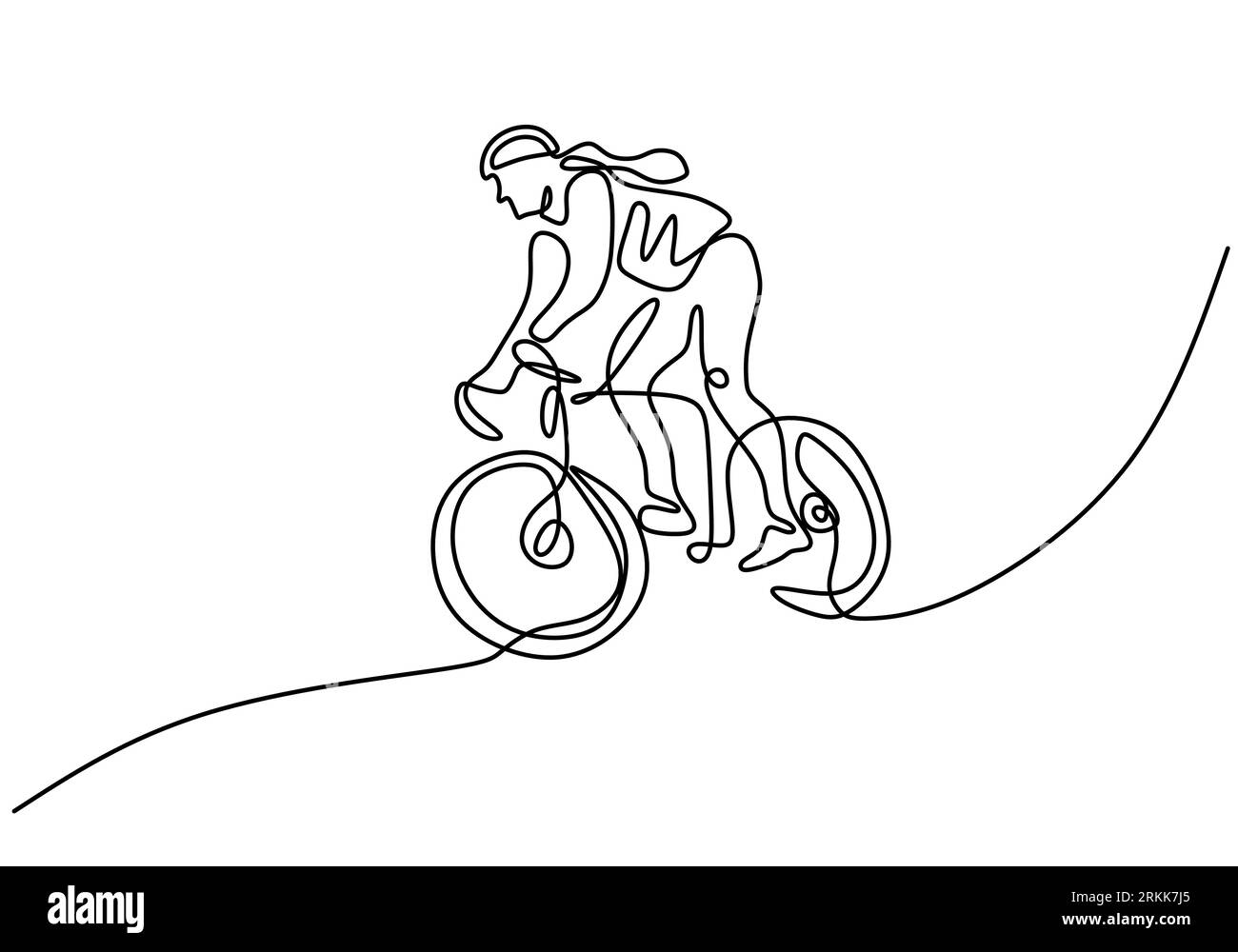 Continuous single line drawing of young girl bicycle racer focus train ...