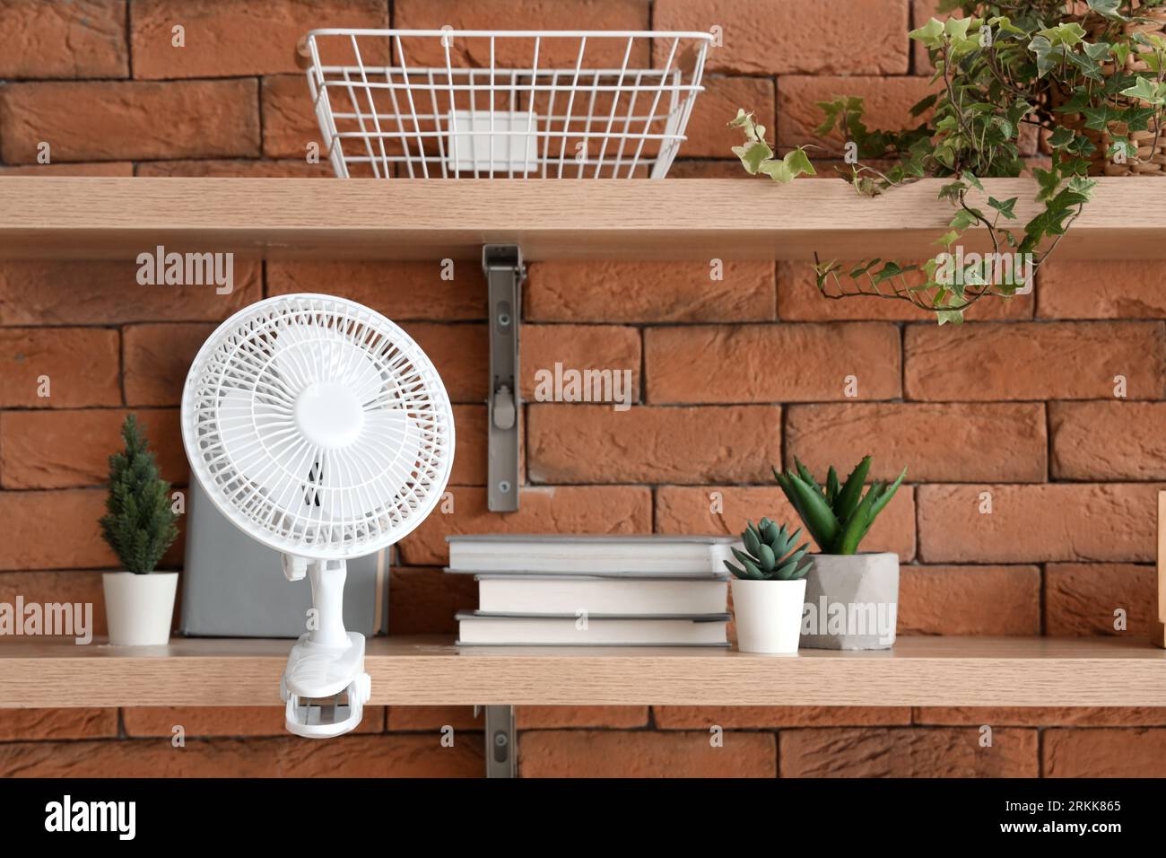 Electric fan and houseplants on wooden shelf near brown brick wall ...