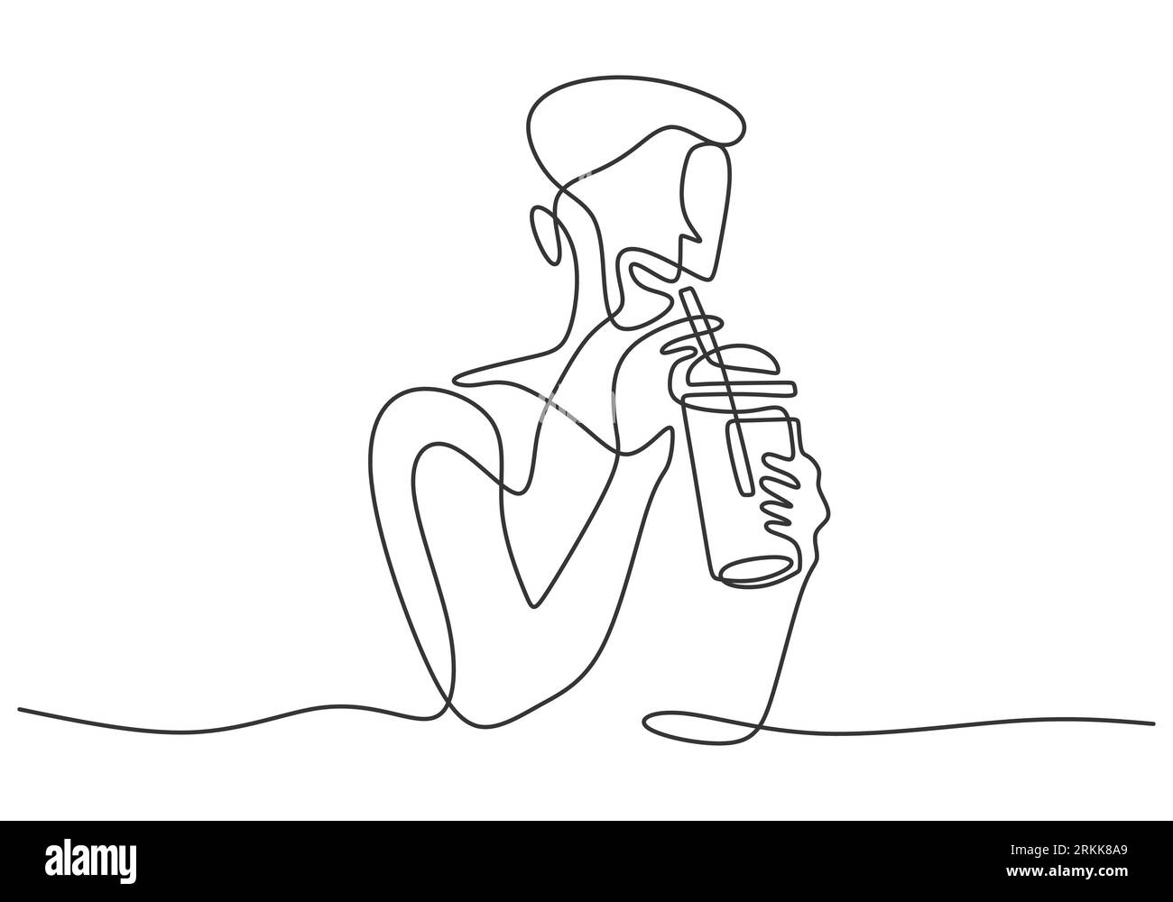 Continuous one line drawing a little boy holding a glass of orange ...