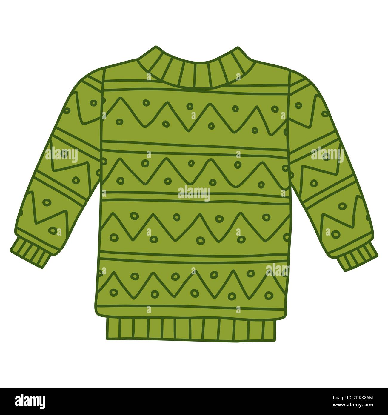 Warm knitted sweater with geometric pattern, doodle style flat vector ...