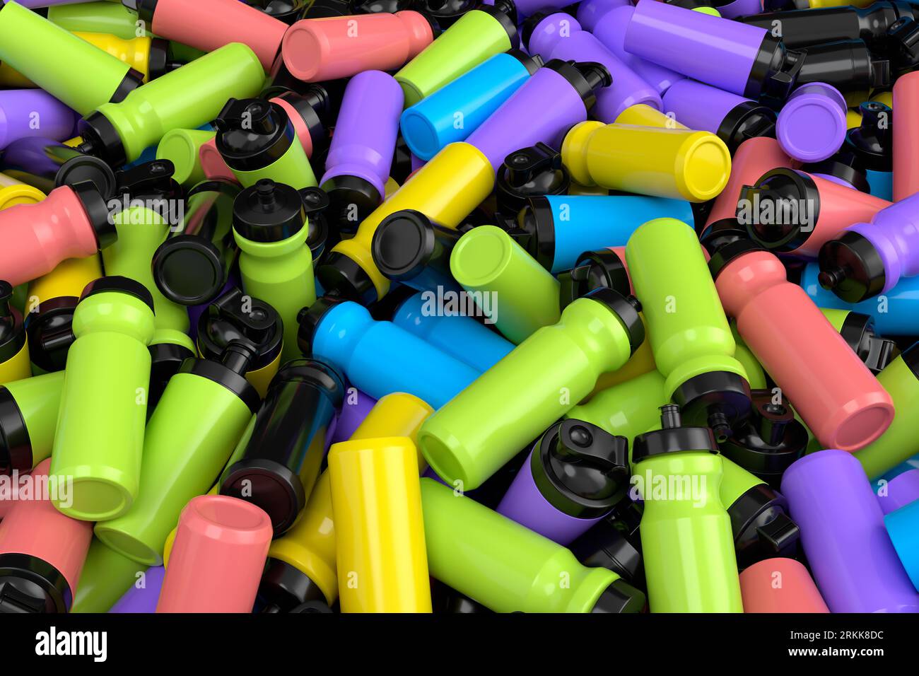 Pile of plastic sport shaker for protein drink powder on white ...