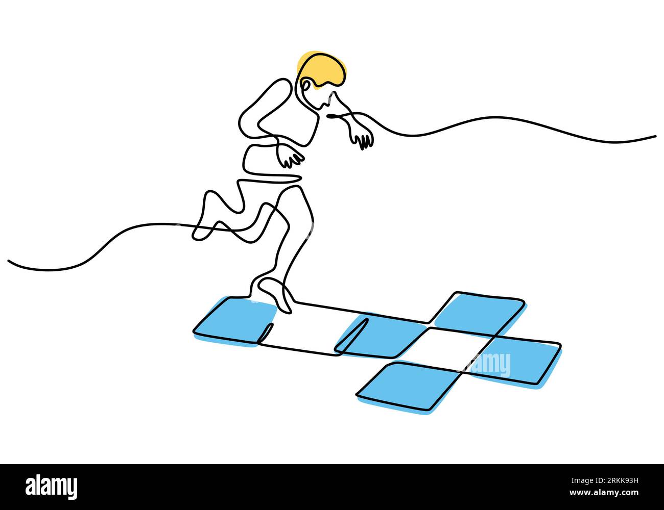 Continuous single line drawing of a boy playing engklek or Zondag ...