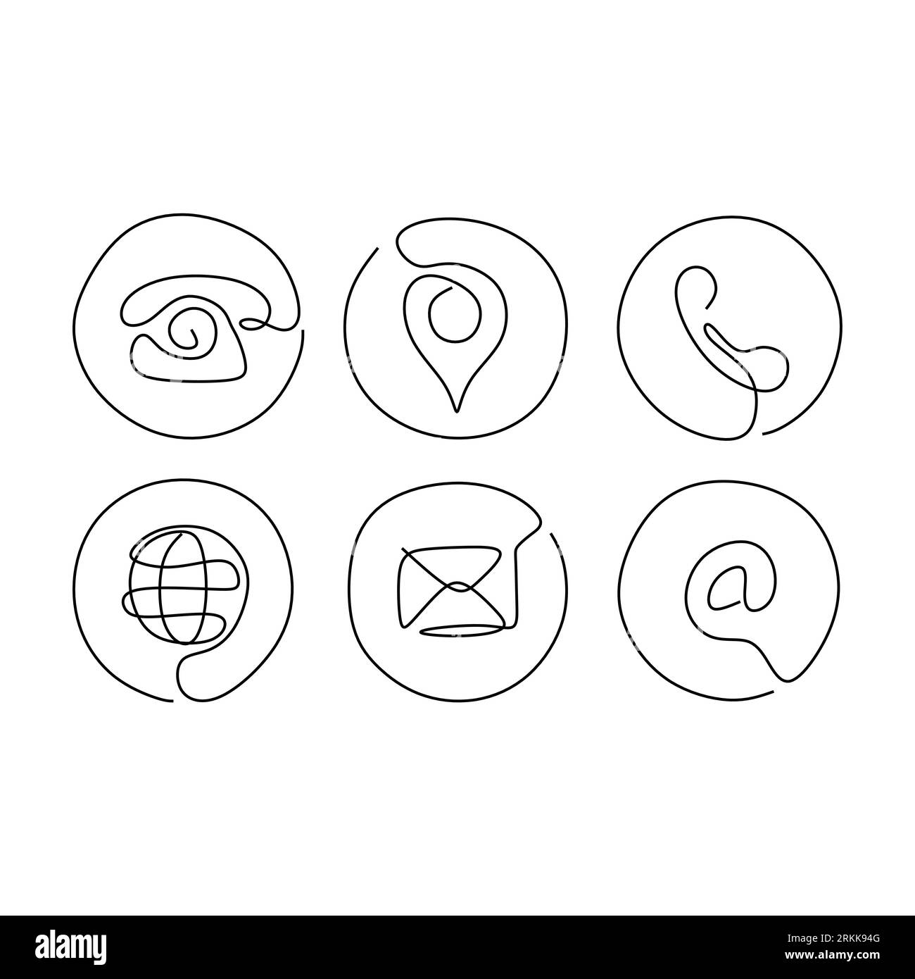 Continuous one line of communication icons. Phone, map, globe, mail and ...