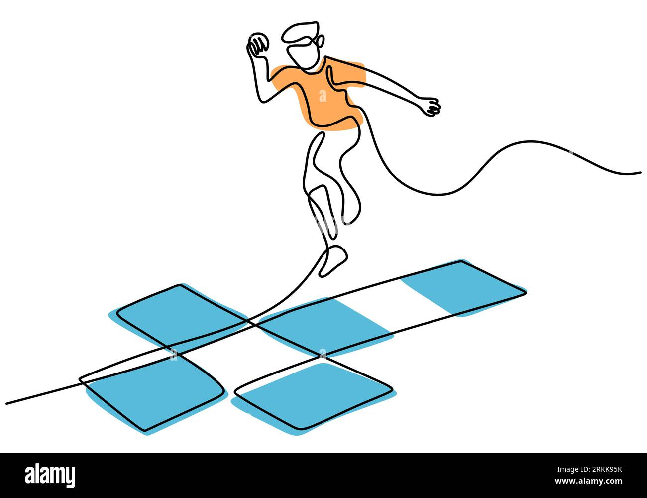 Continuous single line drawing of a boy playing engklek or Zondag ...