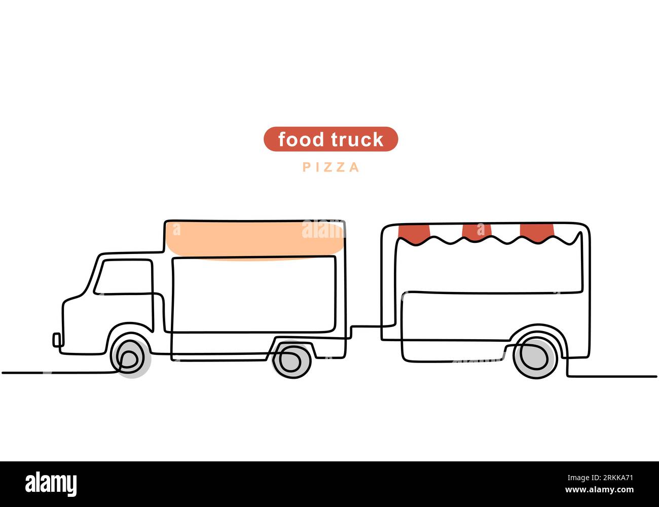 Single continuous line of pizza food truck with trailer. Pizza with ...