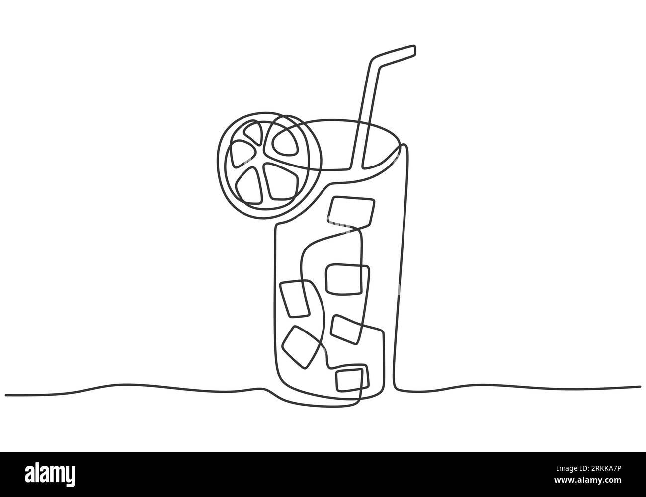 Continuous single line drawing of fresh lemonade ice on jar glass with sliced lemon isolated on ...