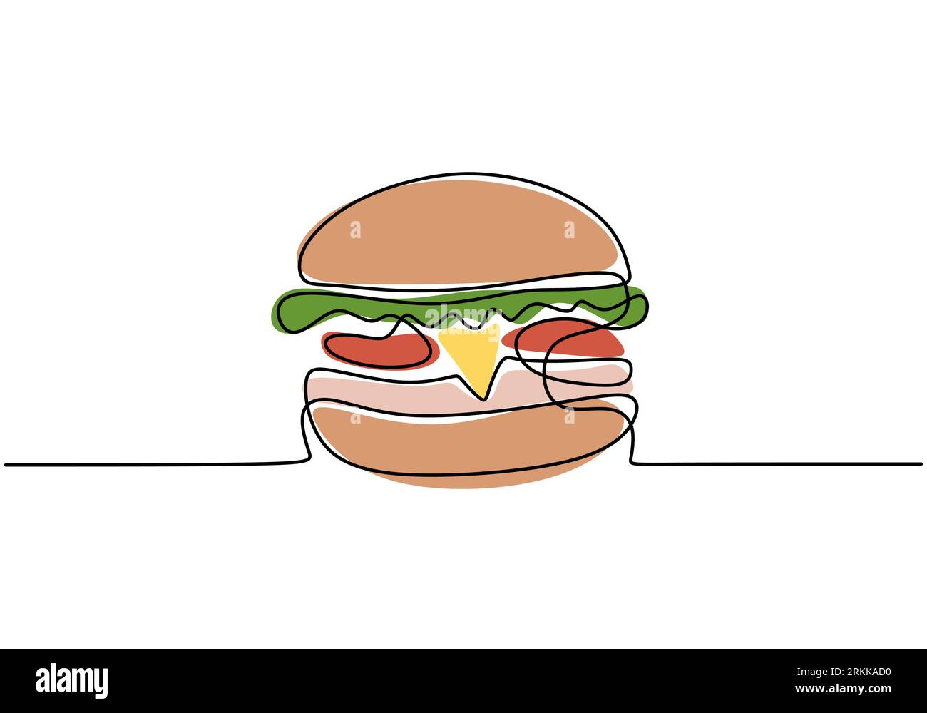 Single continuous line of Hamburger. Big burger fast food in one line ...