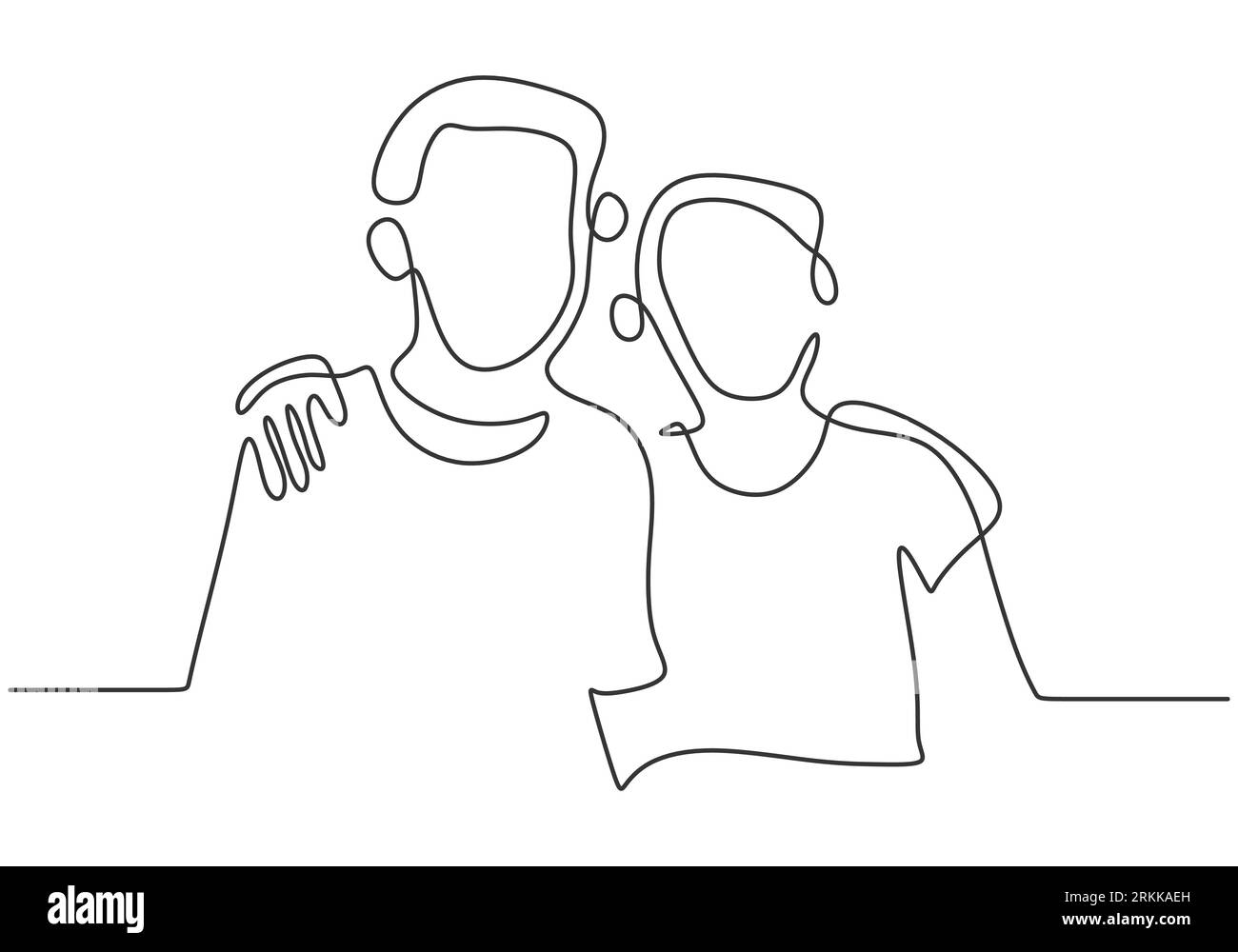 Two boys hugging each other in continuous line art drawing style. Happy ...