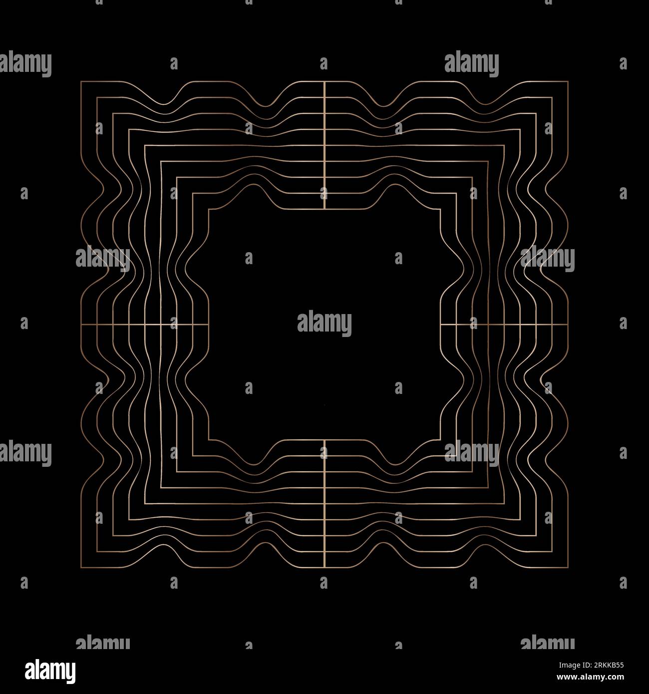 Square abstract gold frame, linear wavy geometric shape object on black ...