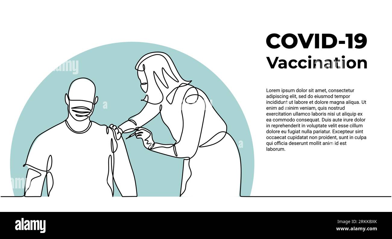 One continuous line of a female doctor injecting vaccine to a man ...