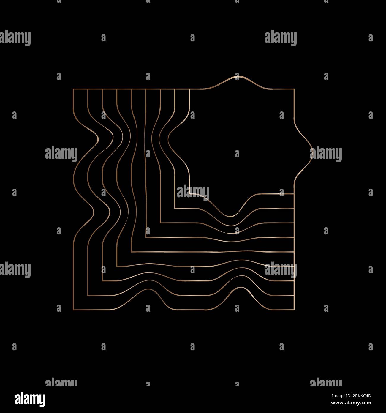 Square abstract gold frame, linear wavy geometric shape object on black ...