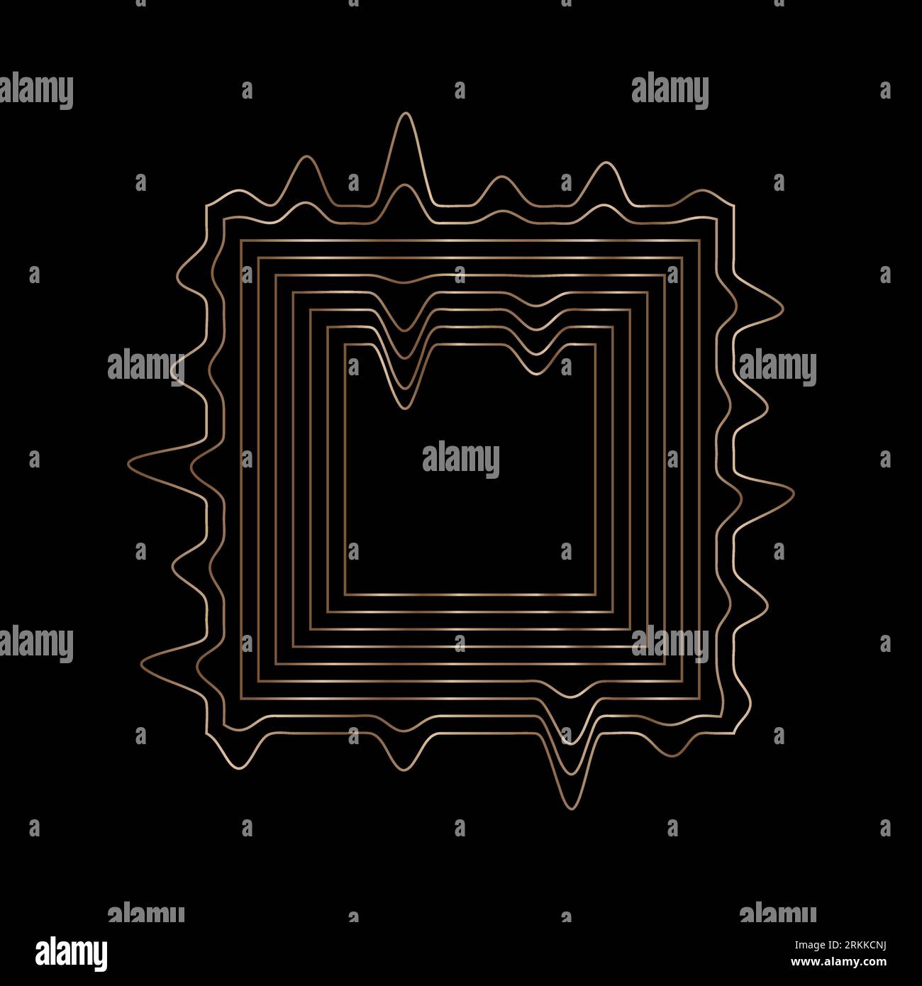 Square abstract gold frame, linear wavy geometric shape object on black ...
