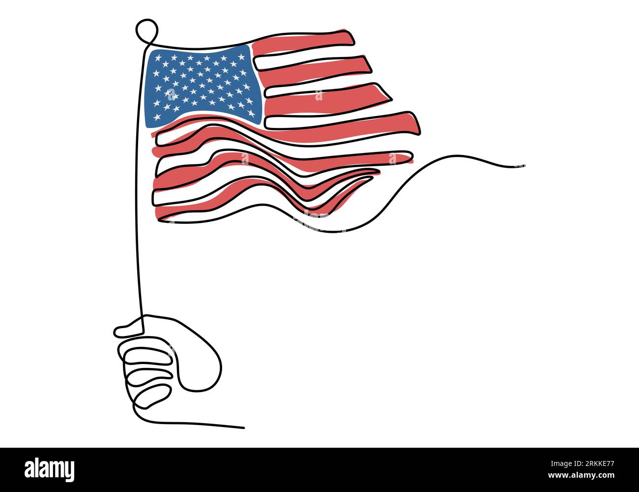 One continuous single line drawing of hand holding American flag ...