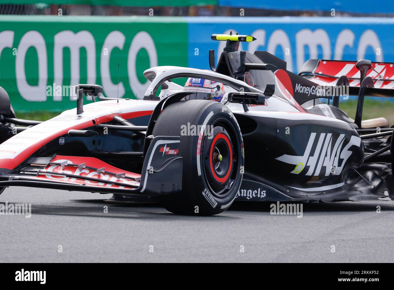 ZANDVOORT, NETHERLANDS - AUGUST 25: Nico Hülkenberg of MoneyGram Haas F1 Team special helmet ...