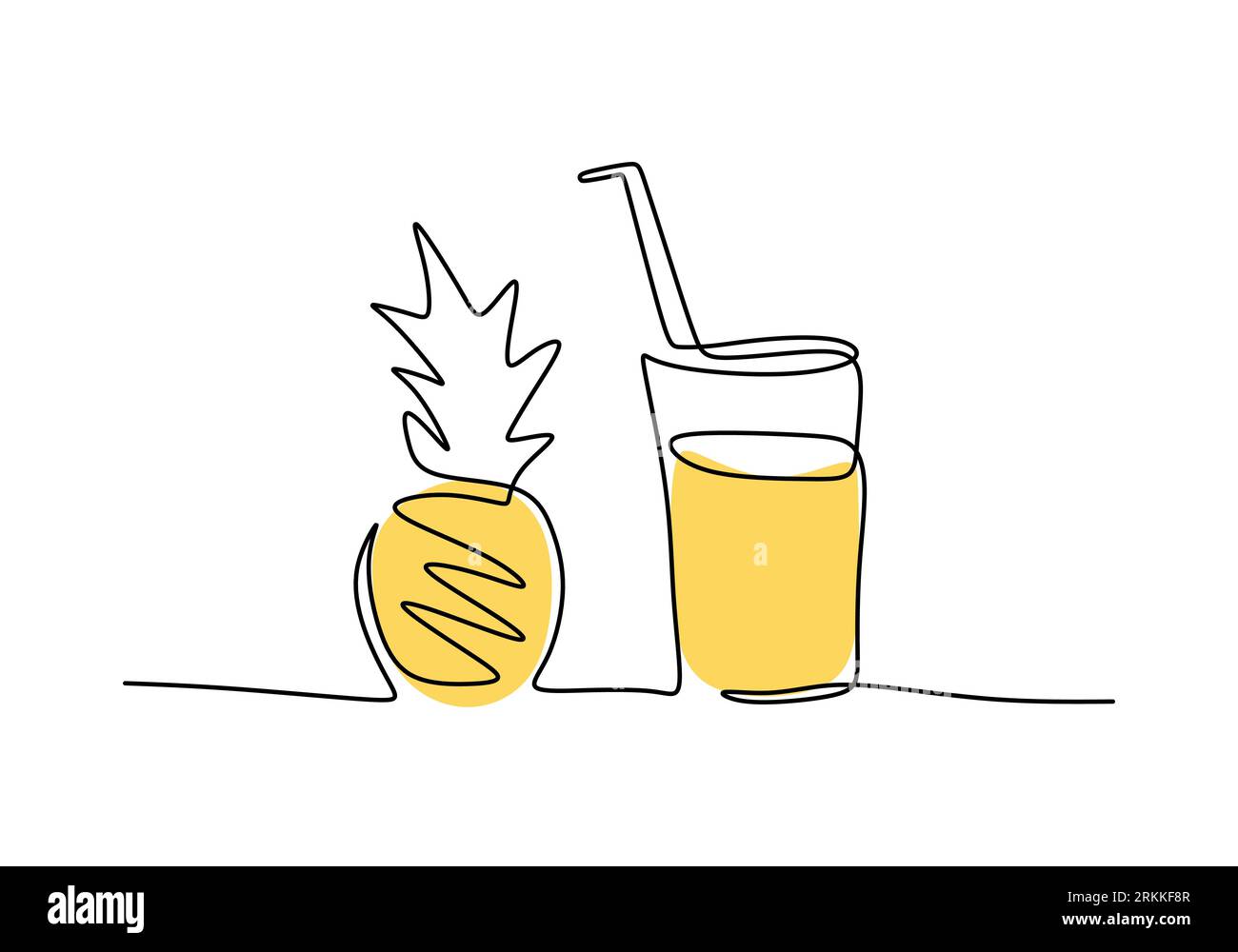 Pineapple and a glass of juice in continuous line art drawing ...