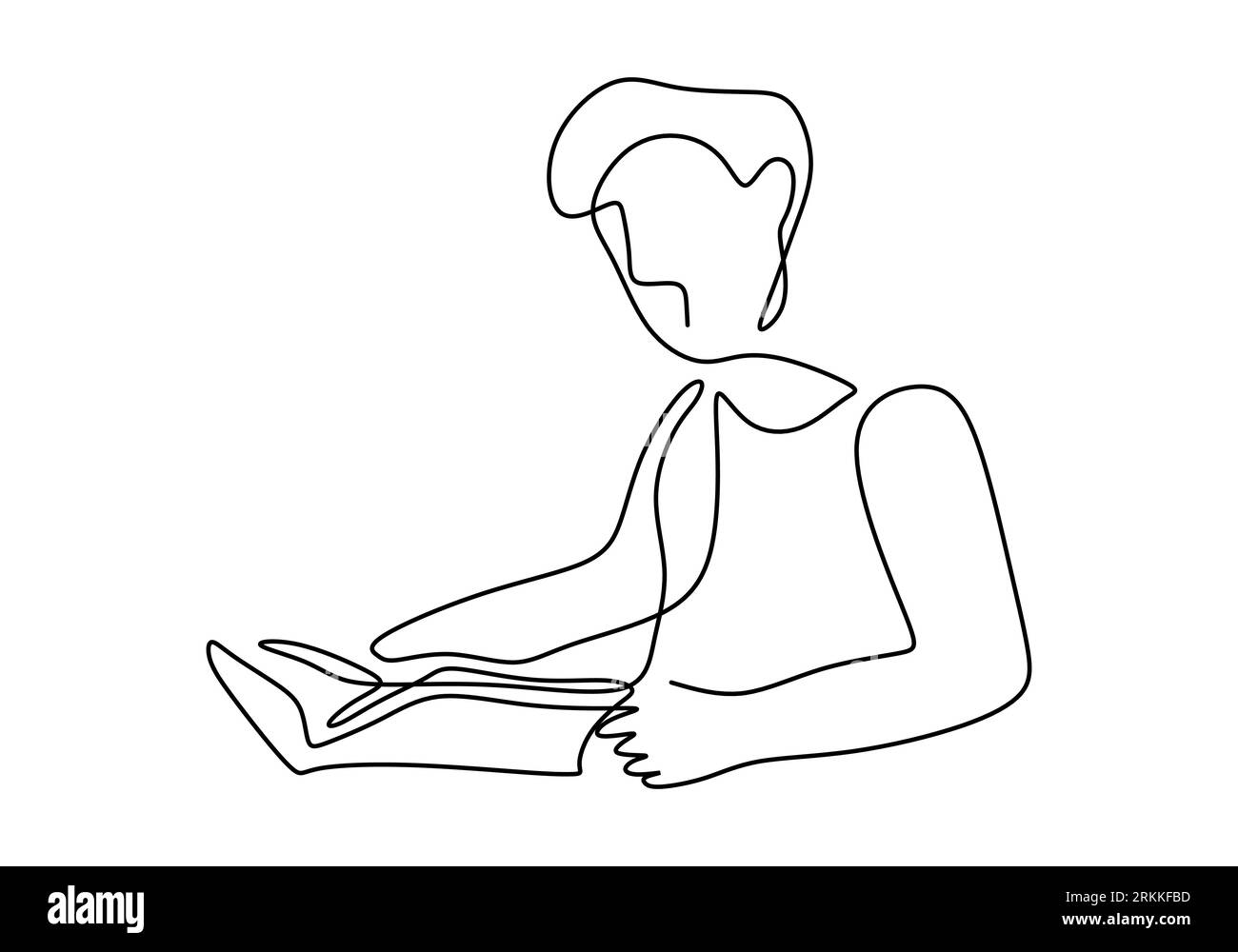 One continuous line drawing of men reading a book. A teenager boy is ...