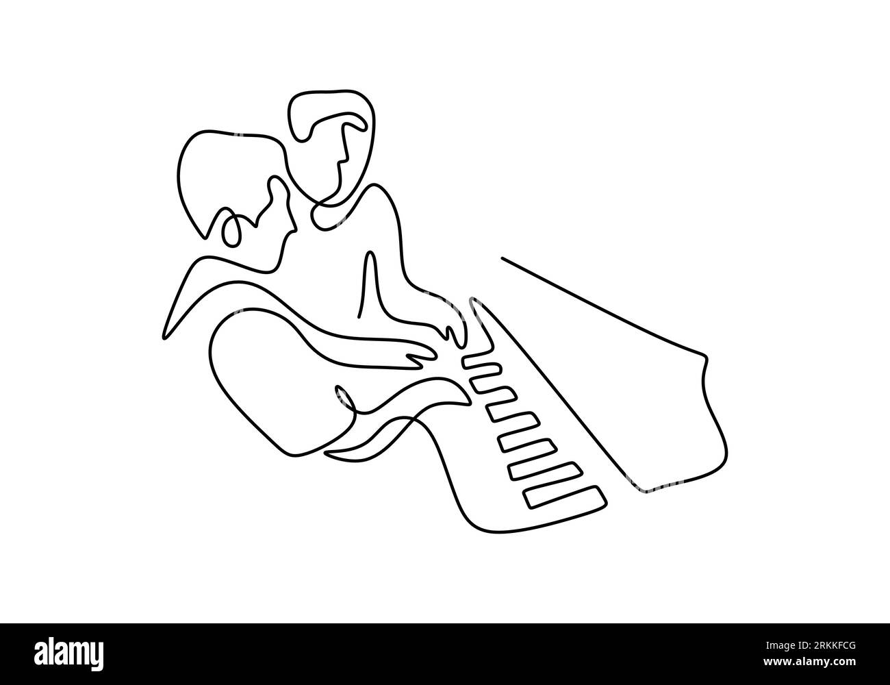 Continuous line drawing of young happy father playing piano with his ...