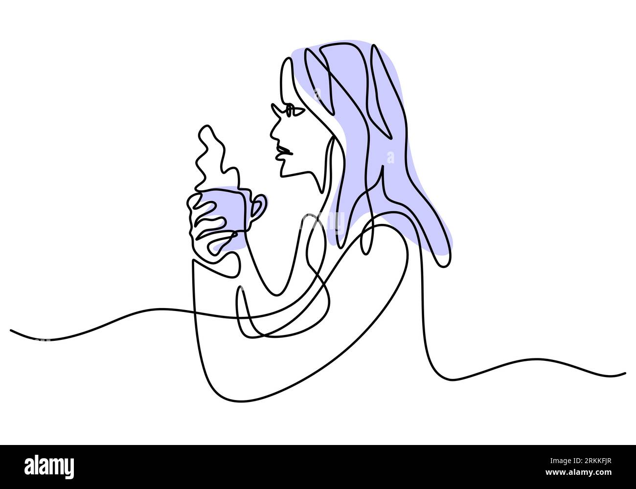Continuous one line drawing of a beautiful woman drink a cup of coffee ...