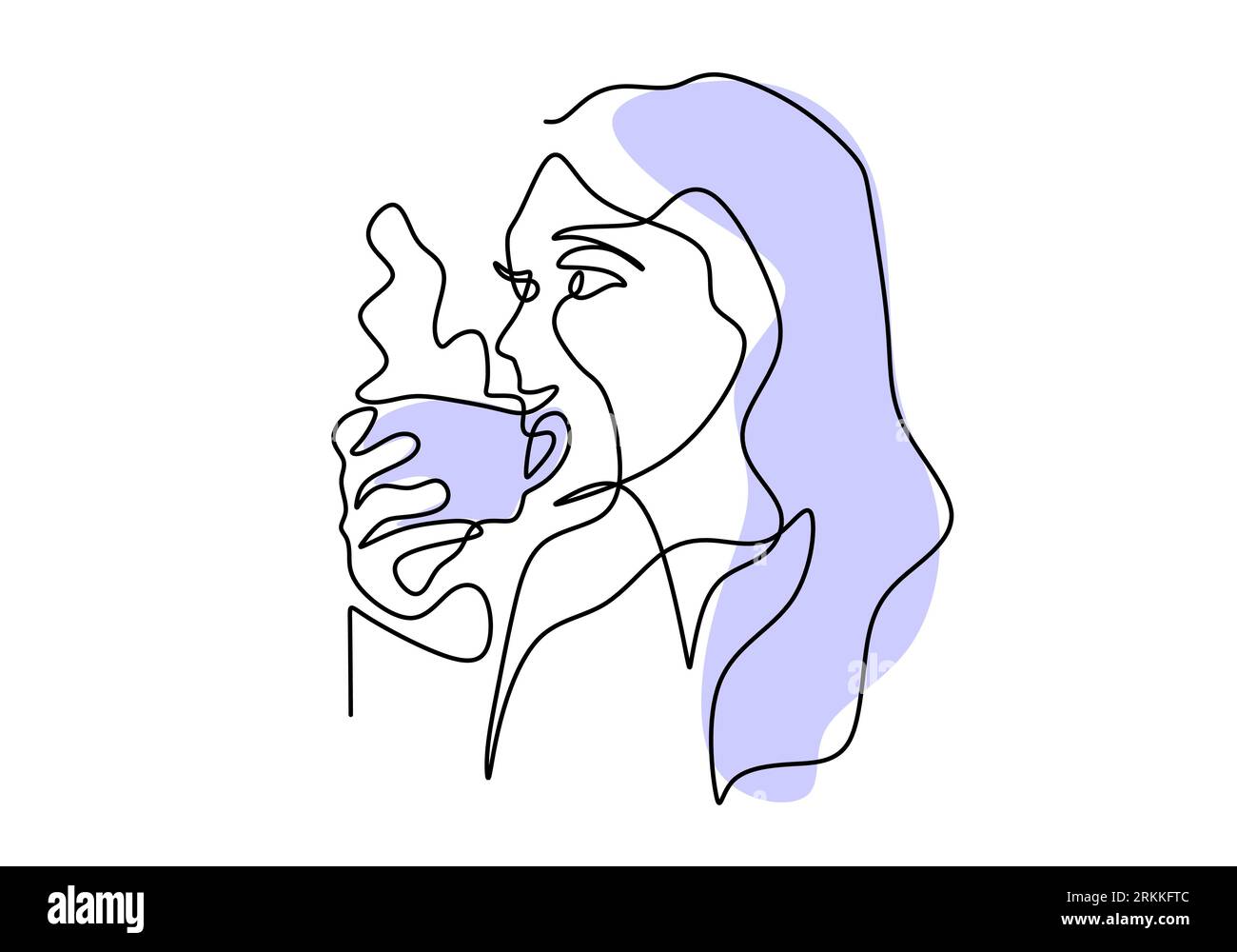 Continuous one line drawing of a beautiful woman drink a cup of coffee ...