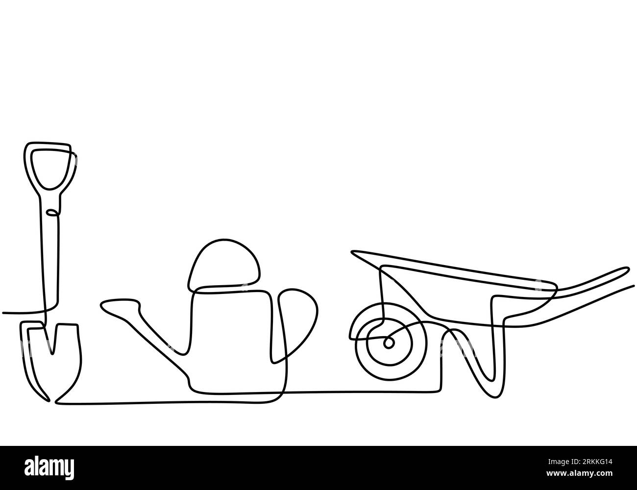 Garden Wheelbarrow Watering Can And Shovel In Continuous One Line