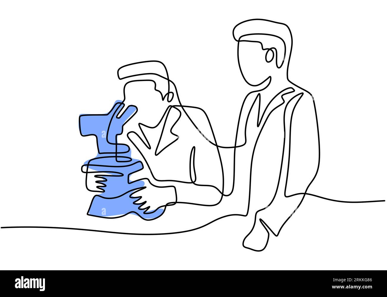 One Continuous Line Drawing Of Two Male Scientist Woman Looking Through