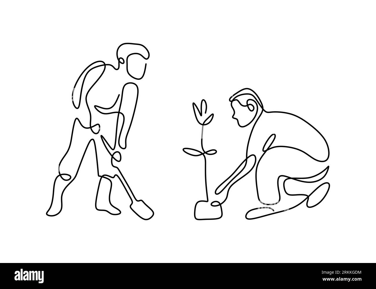 One single line drawing two man digging ground using shovel to planting ...