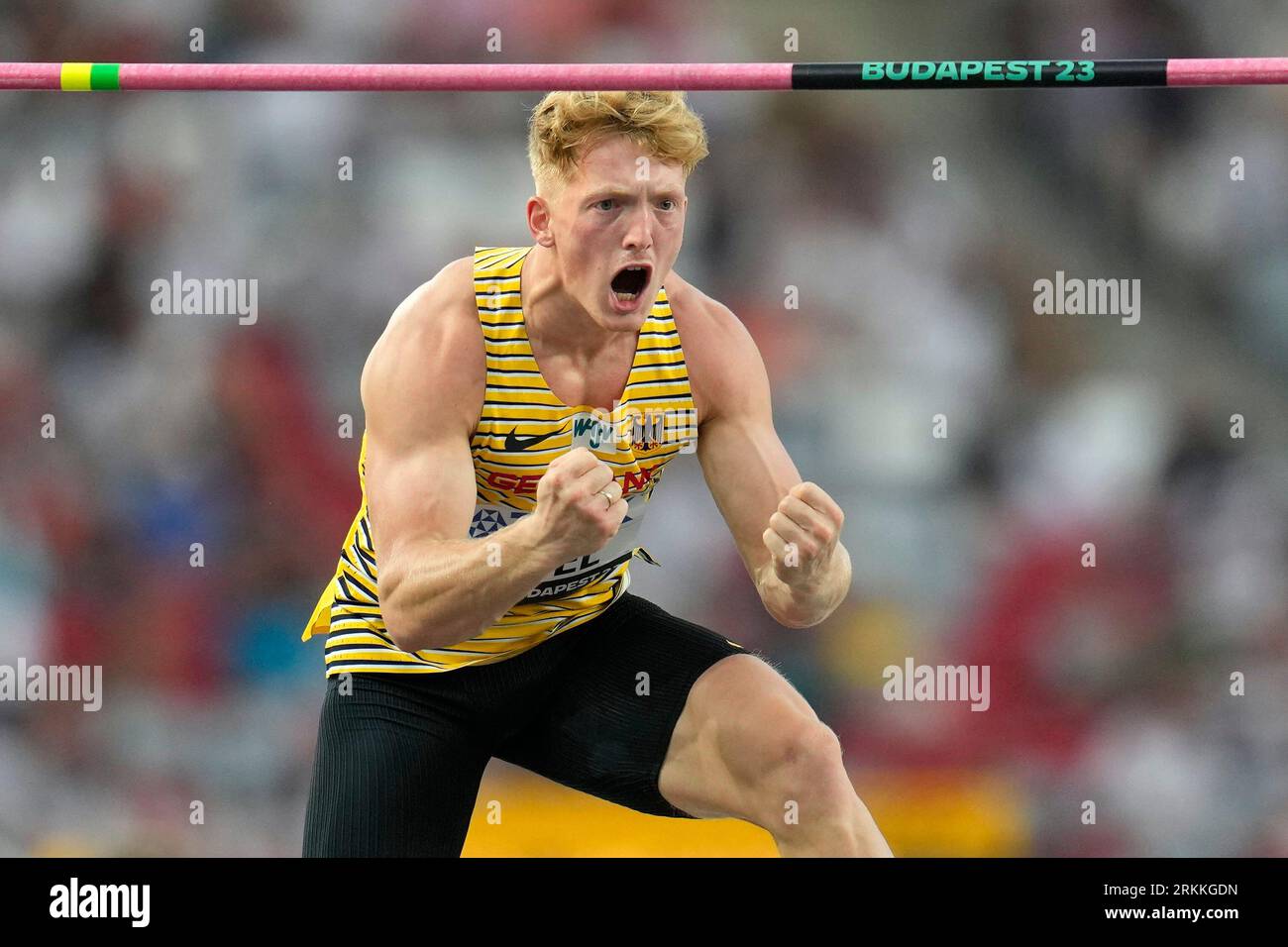 Manuel Eitel, of Germany, reacts after making an attempt in the Men's decathlon high jump during ...
