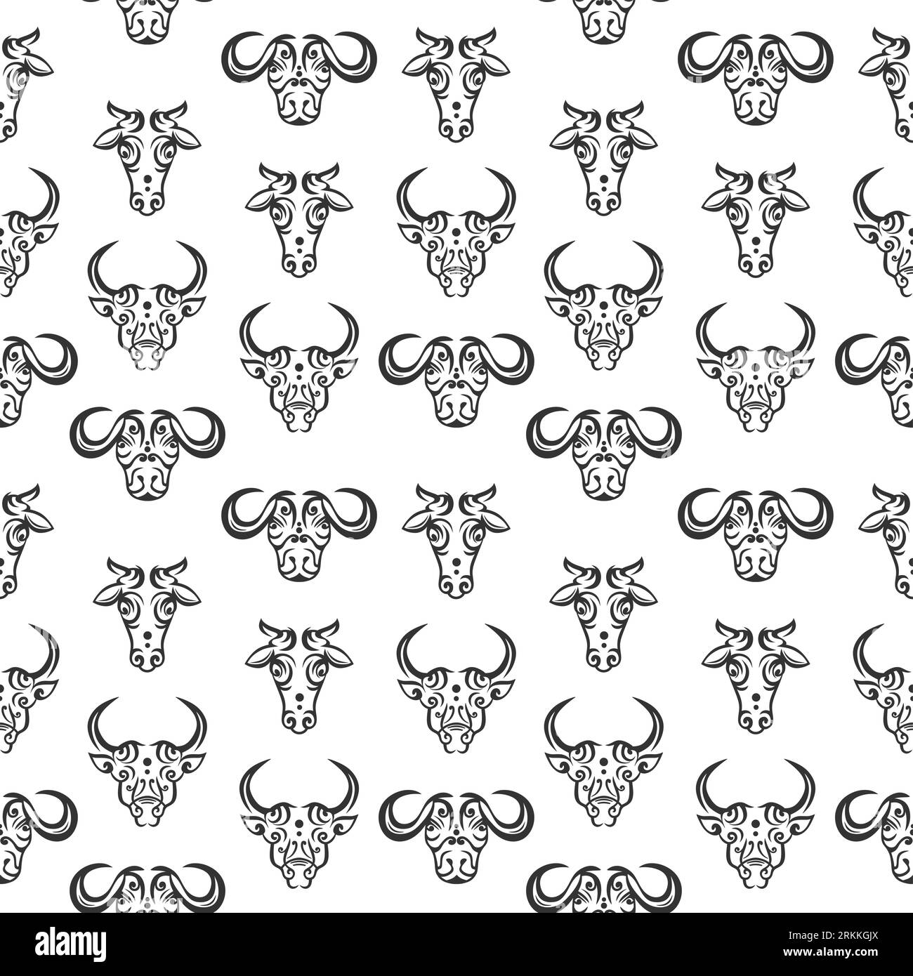 Boho tribal seamless pattern of mamalia animal head: bull head, buffalo ...