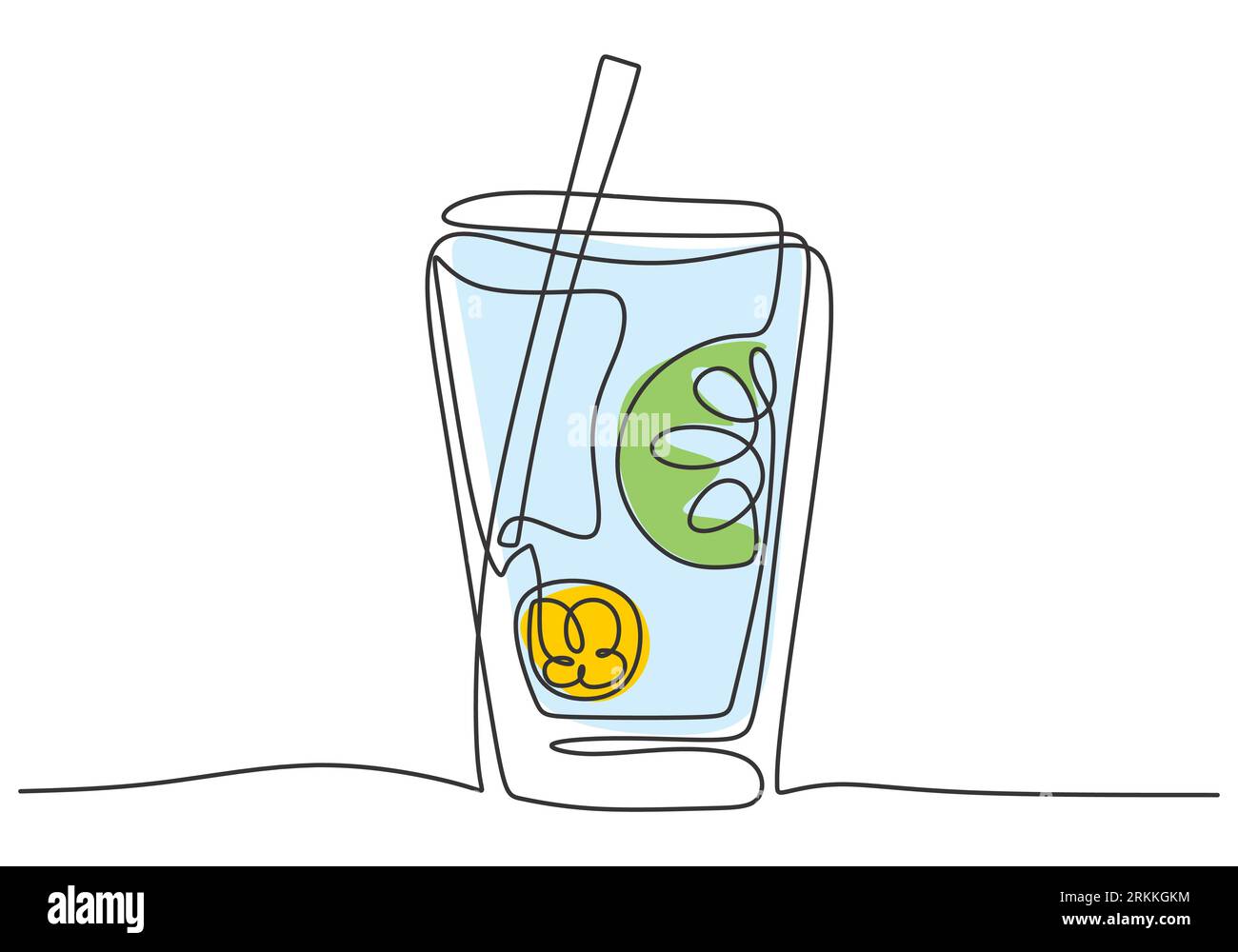 Continuous single line drawing of fresh lemonade ice on jar glass with sliced lemon isolated on ...