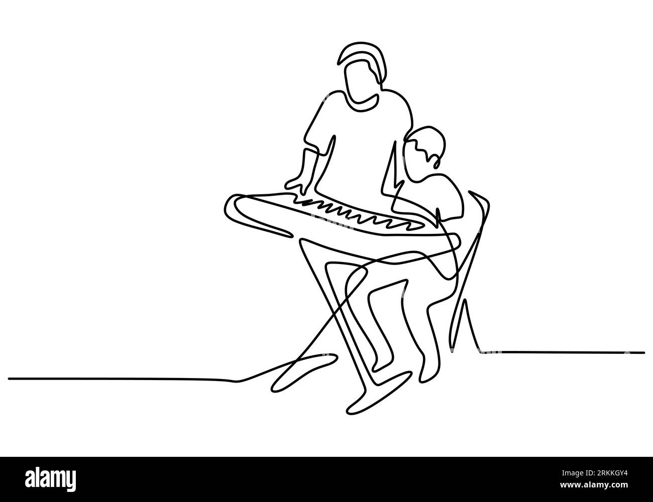 Continuous line drawing of young happy father playing piano with his ...