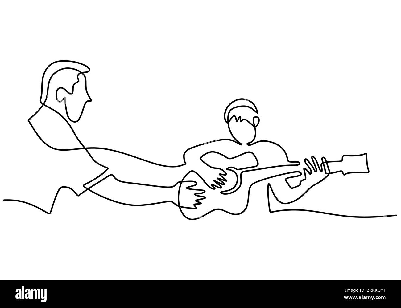 Continuous single drawn one line father teaching his son to play guitar ...