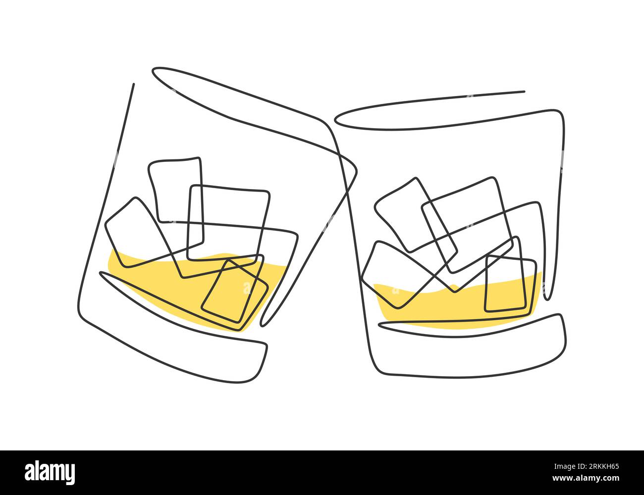 Two glass of whiskey with ice cubes continuous one line drawing ...