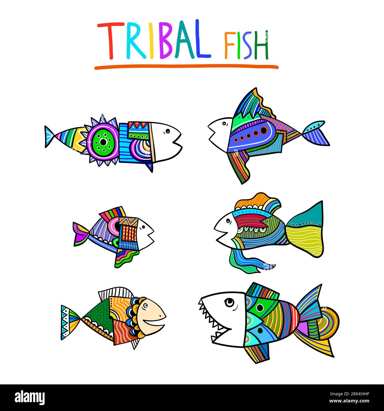 Set of handmade vector colorful tribal fish. Collection of marine ...