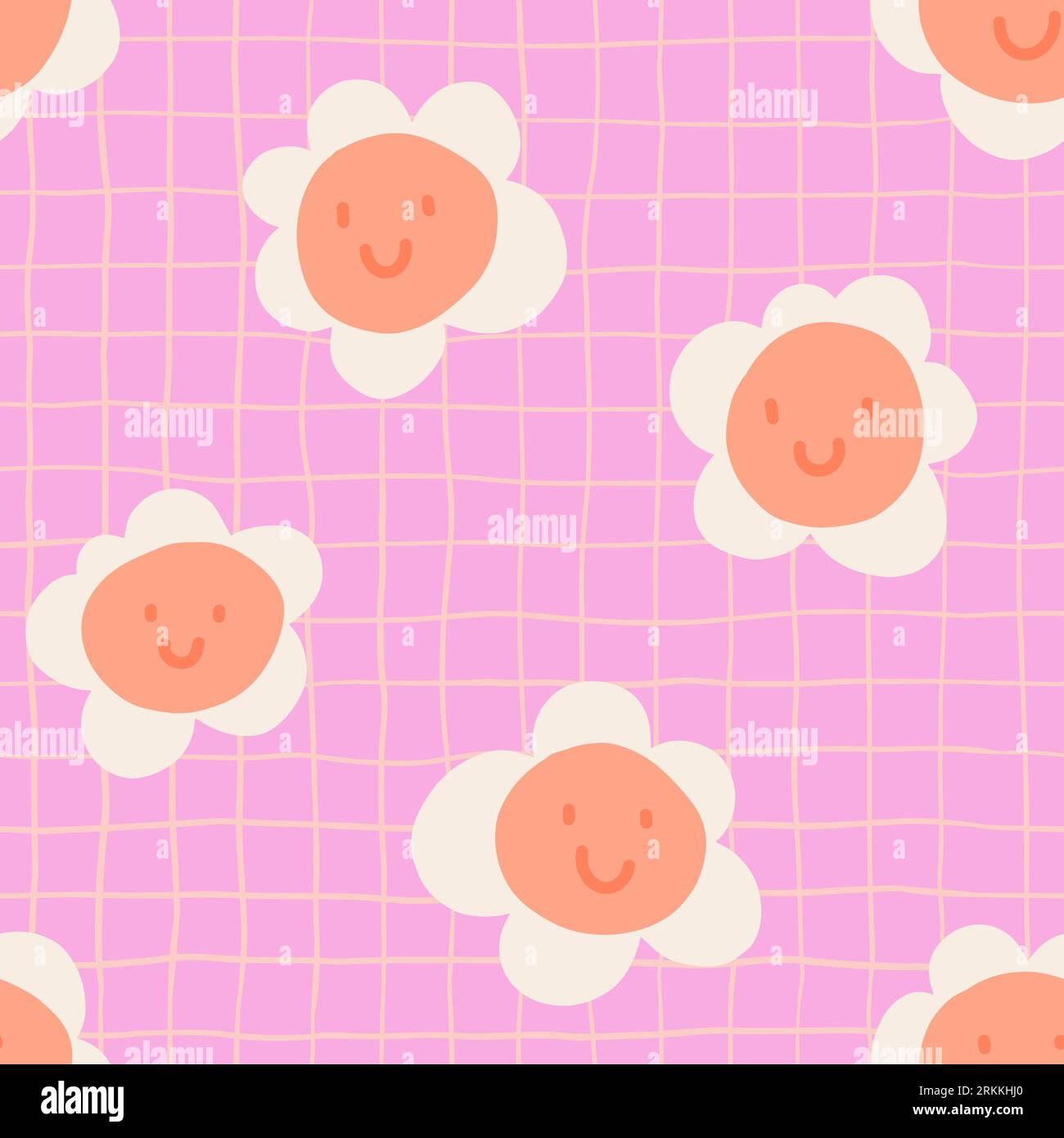 Fun Daisy Naive groovy seamless pattern with doodle grid. Contemporary ...