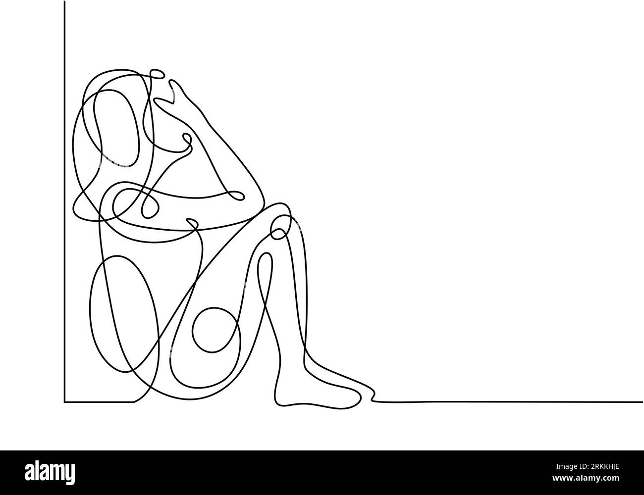 Sad girl continuous one line drawing, people feeling stress and worries ...