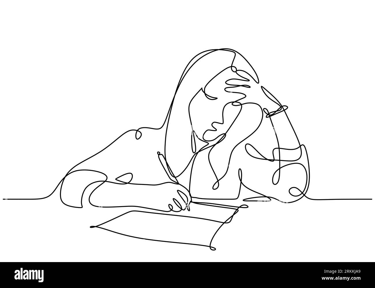 Young woman have thinking problem and frustrated, continuous line ...